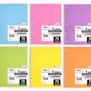 Mead Spiral Notebook, 6 Pack of 1-Subject College Ruled Spiral Bound , Pastel Color Cute school Notebooks, 70 Pages