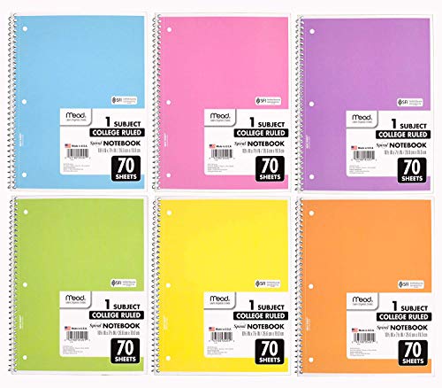 Mead Spiral Notebook, 6 Pack of 1-Subject College Ruled Spiral Bound , Pastel Color Cute school Notebooks, 70 Pages