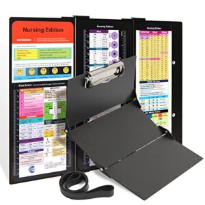 nursing clipboard with nursing and medical edition cheat sheets 3 layers aluminum foldable nurse clip boards notepad for students, nurses and doctors (black)