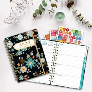 Ymumuda 2023 Planner, Weekly Monthly Planner 2023, 12 Months, JAN.2023 - DEC.2023, 8.4"×6", Spiral Planner Notebook with Stickers, Elastic Closure, Inner Pocket, Coated Tabs, Blue Embroidery Floral