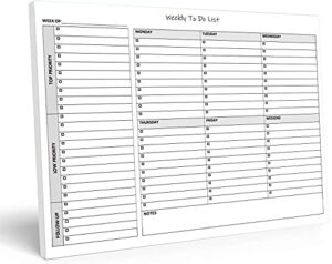 weekly to do list notepad, 50 page task planner pad w/ daily checklist, priority todo checkbox & note sections. desk notebook pad to organize office. 11 x 8.5, a4 sheets. made in the usa.