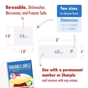 MESS Reusable Labels for Food Containers - Erasable Kitchen Labels (96-Pack) Labels for Organizing - Food Labels for Containers - Removable Labels Freezer Fridge - White Dry Erase - Labels for Jars