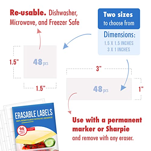 MESS Reusable Labels for Food Containers - Erasable Kitchen Labels (96-Pack) Labels for Organizing - Food Labels for Containers - Removable Labels Freezer Fridge - White Dry Erase - Labels for Jars