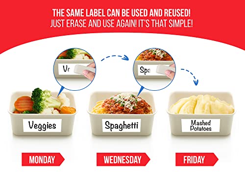 MESS Reusable Labels for Food Containers - Erasable Kitchen Labels (96-Pack) Labels for Organizing - Food Labels for Containers - Removable Labels Freezer Fridge - White Dry Erase - Labels for Jars