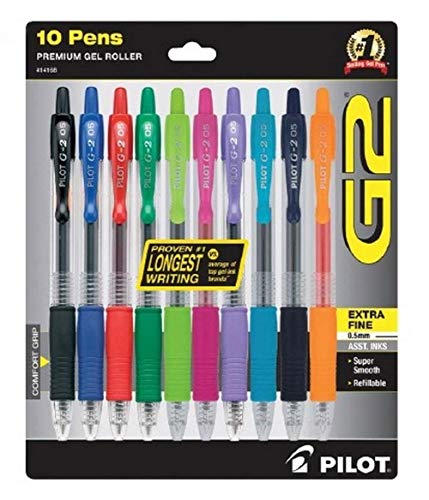 Pilot G2 Premium Retractable Gel-Ink Rolling Ball Pens, Extra Fine Point (0.5mm), Assorted, 10/Pk (14168)