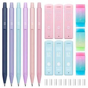 four candies cute mechanical pencil set, 6pcs pastel mechanical pencils 0.5mm & 0.7mm with 360pcs hb pencil leads, 3pcs erasers and 9pcs eraser refills, aesthetic mechanical pencils for girls writing