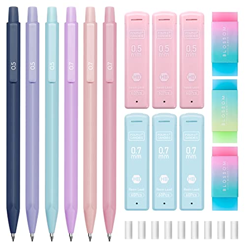 Four Candies Cute Mechanical Pencil Set, 6PCS Pastel Mechanical Pencils 0.5mm & 0.7mm with 360PCS HB Pencil Leads, 3PCS Erasers and 9PCS Eraser Refills, Aesthetic Mechanical Pencils for Girls Writing