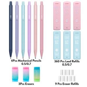 Four Candies Cute Mechanical Pencil Set, 6PCS Pastel Mechanical Pencils 0.5mm & 0.7mm with 360PCS HB Pencil Leads, 3PCS Erasers and 9PCS Eraser Refills, Aesthetic Mechanical Pencils for Girls Writing