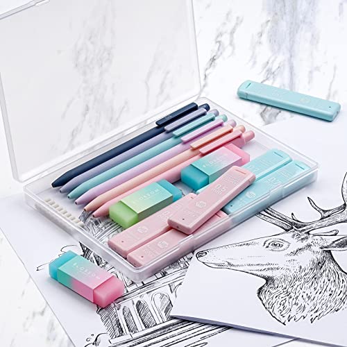 Four Candies Cute Mechanical Pencil Set, 6PCS Pastel Mechanical Pencils 0.5mm & 0.7mm with 360PCS HB Pencil Leads, 3PCS Erasers and 9PCS Eraser Refills, Aesthetic Mechanical Pencils for Girls Writing