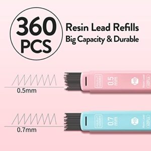 Four Candies Cute Mechanical Pencil Set, 6PCS Pastel Mechanical Pencils 0.5mm & 0.7mm with 360PCS HB Pencil Leads, 3PCS Erasers and 9PCS Eraser Refills, Aesthetic Mechanical Pencils for Girls Writing