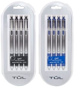 tul retractable gel pens 0.5mm needle point fine, black/blue bundle (2 4-packs)