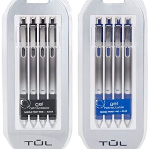 TUL Retractable Gel Pens 0.5mm Needle Point Fine, Black/Blue Bundle (2 4-packs)