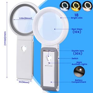 30X 10X Magnifying Glass with Light and Stand, Foldable Handheld Magnifying Glass 18 LED Illuminated Lighted Magnifier for Macular Degeneration, Seniors Reading, Close Work, Coins, Jewelry