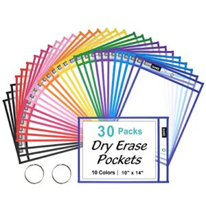 sunee 30 packs oversized reusable dry erase pocket sleeves with 2 rings, 10 assorted colors 10×14 ticket holders, clear plastic sheet protectors, teacher school classroom supplies