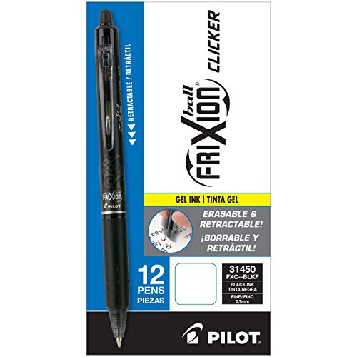 PILOT FriXion Clicker Erasable, Refillable & Retractable Gel Ink Pens, Fine Point, Black Ink, 12-Pack (31450)