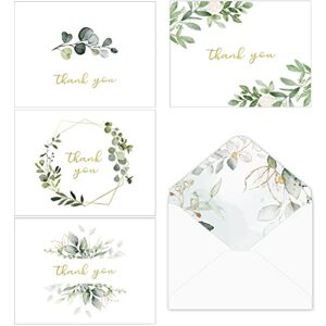 veeyol 100 gold foil greenery thank you cards with envelopes, watercolor foliage thank you notes for wedding, baby shower, graduation, bridal, business, anniversary