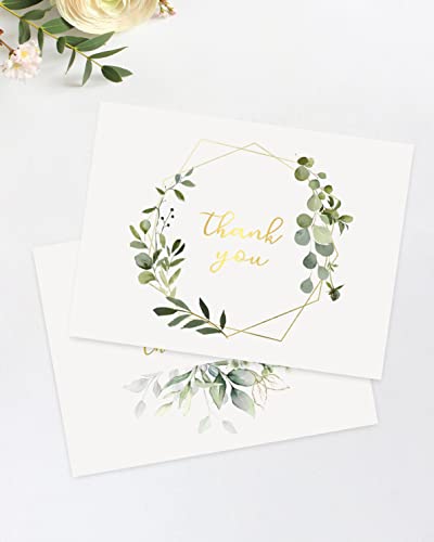 VEEYOL 100 Gold Foil Greenery Thank You Cards with Envelopes, Watercolor Foliage Thank You Notes For Wedding, Baby Shower, Graduation, Bridal, Business, Anniversary