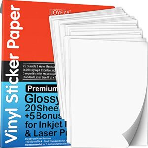 joyeza premium printable vinyl sticker paper for inkjet printer – 25 sheets glossy white waterproof, dries quickly vivid colors, holds ink well – inkjet & laser printer