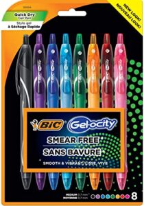 bic gel-ocity quick dry (dries up to 3x faster) super bright colors 8 pack, smear free, assorted colors retractable gel pens, medium point (0.7mm), colorful pens for adults women & men.