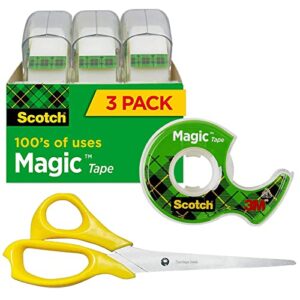 magic tape, 3 rolls tape with tape dispenser, invisible tape, clear tape, 1/2 x 450 inches tape rolls + scissors all purpose