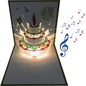 3d birthday cards, auto play music warm led light birthday cake card, greeting cards birthday music cards for mom wife sister boy girl and friends 1 pack