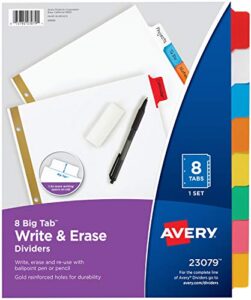 avery 8-tab binder dividers, write & erase multicolor big tabs, 6 sets, school binder organizers (23079) – 73079