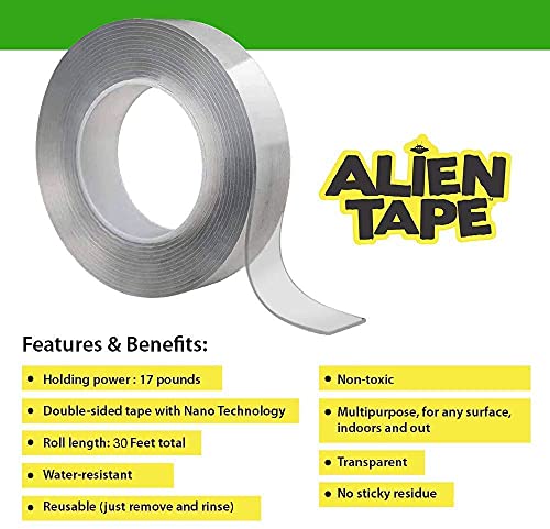 Alientape 4 Rolls Nano Double-Sided Tape, Multipurpose Removable Adhesive Transparent Grips - Washable Strong Sticky Heavy Duty for Carpet Photo Frame Poster Decor As Seen On TV