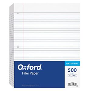 Oxford Filler Paper, 8-1/2" x 11", College Rule, 3-Hole Punched, Loose-Leaf Paper for 3-Ring Binders, 500 Sheets Per Pack (62349),White