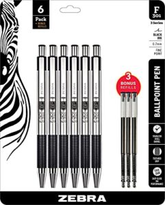 zebra f-301 ballpoint stainless steel retractable, 0.7mm, black ink, combo pack of 6 black ink metal pens with 3 black ink refills, 0.7mm fine point pens with pen refill