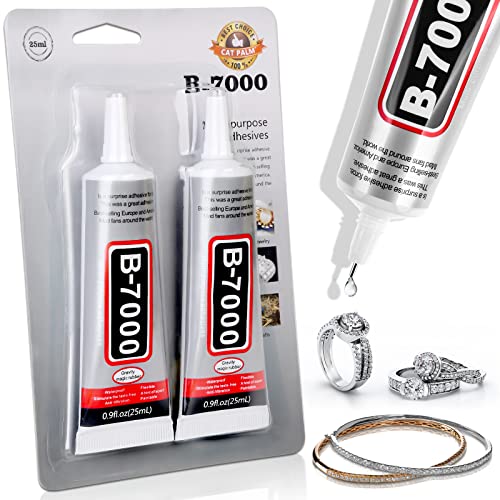 B 7000 Glue with Tips, Fabric Super Glue B7000 Rhinestone Crafts Clear Liquid Glue Super Adhesive for Cell Phone Repair, Clothes, Glass, Wooden, Metal Stone Beads Small Jewelry DIY(2 x 25 ML/ 0.9 OZ)