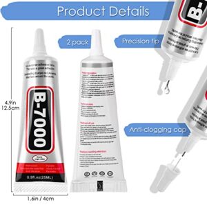 B 7000 Glue with Tips, Fabric Super Glue B7000 Rhinestone Crafts Clear Liquid Glue Super Adhesive for Cell Phone Repair, Clothes, Glass, Wooden, Metal Stone Beads Small Jewelry DIY(2 x 25 ML/ 0.9 OZ)