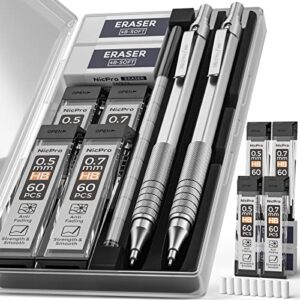 nicpro 2 pcs mechanical pencils 0.5mm & 0.7 mm with case, metal artist pencil set with 4 tubes hb lead refills, 2 erasers, 9 eraser refills for art writing drafting, drawing, sketch, silver