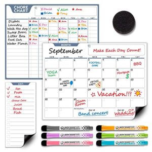 magnetic dry erase chore chart, calendar, and to-do list for refrigerator: 3 boards, 6 markers, and eraser