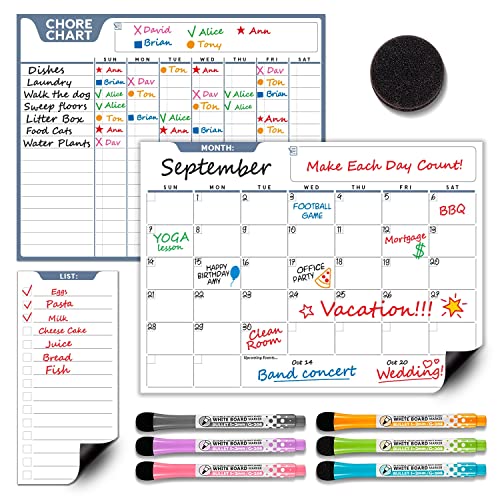 Magnetic Dry Erase Chore Chart, Calendar, and to-Do List for Refrigerator: 3 Boards, 6 Markers, and Eraser