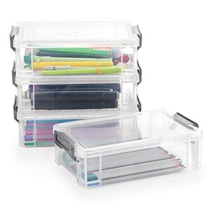 BTSKY 4 Pack Extra Large Capacity Plastic Pencil Box Stackable Translucent Clear Pencil Box Office Supplies Storage Organizer Box for Gel Pens Erasers Tape Pens Pencils Markers etc(Grey)