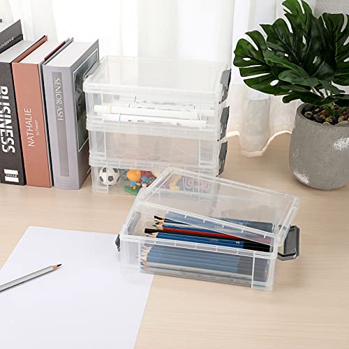 BTSKY 4 Pack Extra Large Capacity Plastic Pencil Box Stackable Translucent Clear Pencil Box Office Supplies Storage Organizer Box for Gel Pens Erasers Tape Pens Pencils Markers etc(Grey)