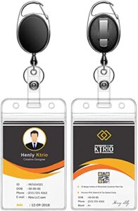 ktrio 2 pack retractable badge holders, id badge holders with heavy duty carabiner reel clip, vertical style clear id card holders with 28 inches kevlar pull cord