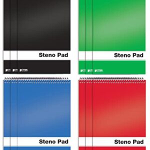 Spiral Steno Pads, 12 Pack, 6 x 9 inches, 80 Sheets, White Paper, Gregg Rule, by Better Office Products, Assorted Solid Colors (Red, Black, Blue, Green), 12 Steno Notebooks