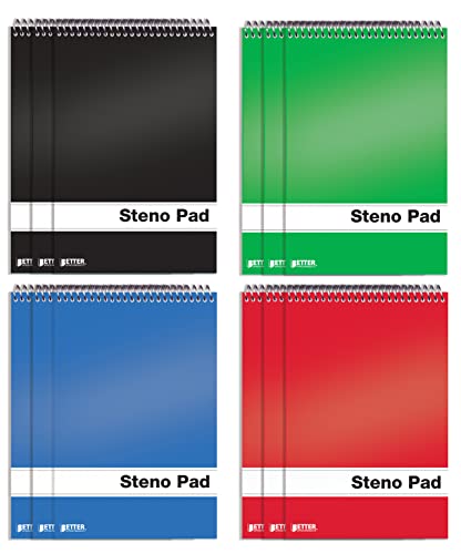 Spiral Steno Pads, 12 Pack, 6 x 9 inches, 80 Sheets, White Paper, Gregg Rule, by Better Office Products, Assorted Solid Colors (Red, Black, Blue, Green), 12 Steno Notebooks