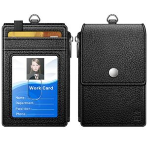 ELV Badge Holder with Zipper, PU Leather ID Badge Card Holder Wallet with 5 Card Slots, 1 Side RFID Blocking Pocket and 20 inch Neck Lanyard Strap for Offices ID, School ID, Driver Licence (Black)