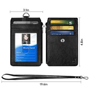 ELV Badge Holder with Zipper, PU Leather ID Badge Card Holder Wallet with 5 Card Slots, 1 Side RFID Blocking Pocket and 20 inch Neck Lanyard Strap for Offices ID, School ID, Driver Licence (Black)