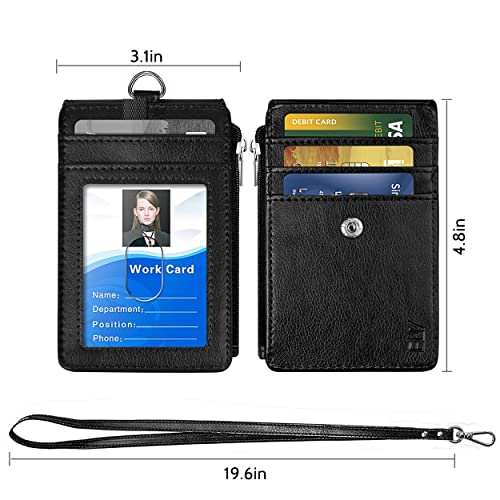 ELV Badge Holder with Zipper, PU Leather ID Badge Card Holder Wallet with 5 Card Slots, 1 Side RFID Blocking Pocket and 20 inch Neck Lanyard Strap for Offices ID, School ID, Driver Licence (Black)