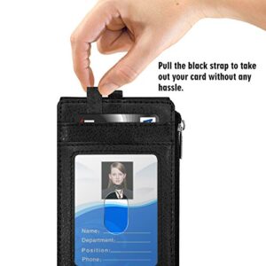 ELV Badge Holder with Zipper, PU Leather ID Badge Card Holder Wallet with 5 Card Slots, 1 Side RFID Blocking Pocket and 20 inch Neck Lanyard Strap for Offices ID, School ID, Driver Licence (Black)