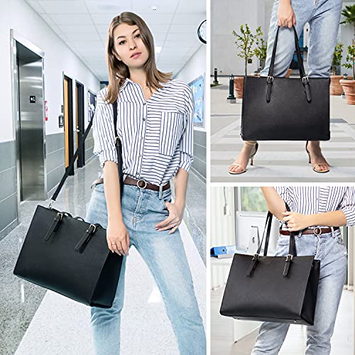 LOVEVOOK Laptop Bag for Women, Fashion Computer Tote Bag Large Capacity Handbag, Leather Shoulder Bag Purse Set, Professional Business Work Briefcase for Office Lady 2PCs, Fit 15.6 Inch Laptop, Black