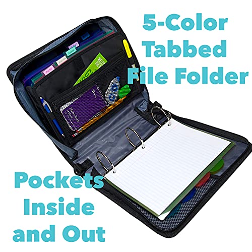 Case-it The Mighty Zip Tab Zipper Binder - 3 Inch O-Rings - 5 Color Tab Expanding File Folder - Multiple Pockets - 600 Sheet Capacity - Comes With Shoulder Strap - Blue D-146