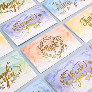 72 Pieces Watercolor Thank You Cards with Envelopes and Stickers Set 6 Designs Gold letter Greeting Note Cards Thank You Envelopes Round Envelope Seal Stickers for Wedding Graduation Baby Shower