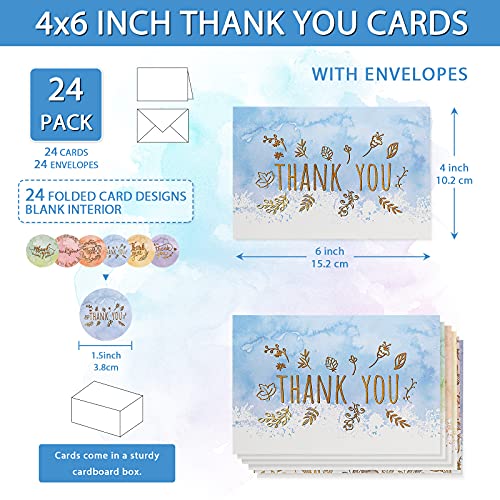 72 Pieces Watercolor Thank You Cards with Envelopes and Stickers Set 6 Designs Gold letter Greeting Note Cards Thank You Envelopes Round Envelope Seal Stickers for Wedding Graduation Baby Shower