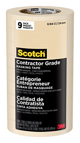 Scotch Contractor Grade Masking Tape, Tan, Tape for General Use, Multi-Surface Adhesive Tape, 0.94 Inches x 60.1 Yards, 9 Rolls