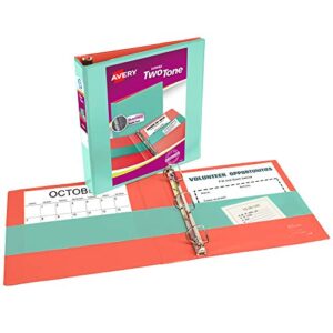 Avery(R) Two-Tone Durable View 3 Ring Binder, 1-1/2 Inch Slant Rings, 1 Mint/Coral Binder (17289)