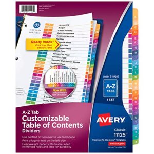 avery a-z tab dividers for 3 ring binders, customizable table of contents, multicolor tabs, 1 set (11125)